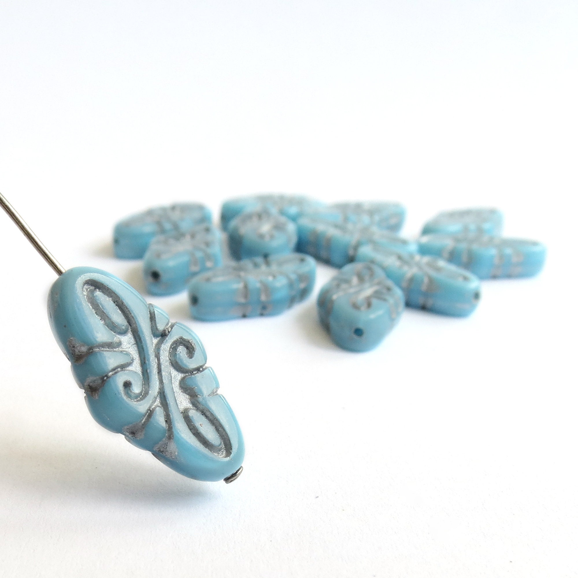 10 or 30 Pcs Arabesque Czech Glass Beads Turquoise Blue With - Etsy