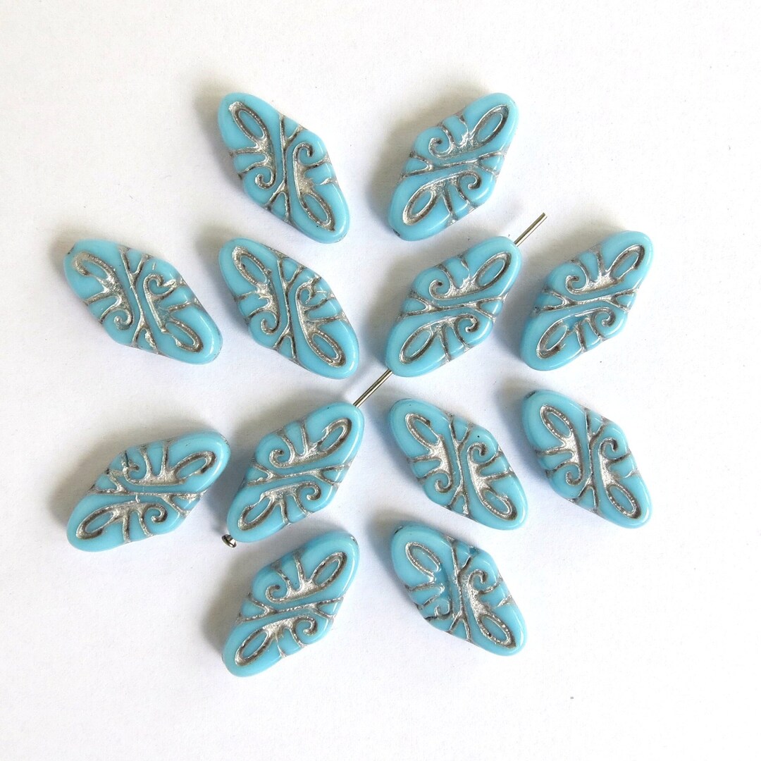 10 or 30 Pcs Arabesque Czech Glass Beads Turquoise Blue With Silver ...