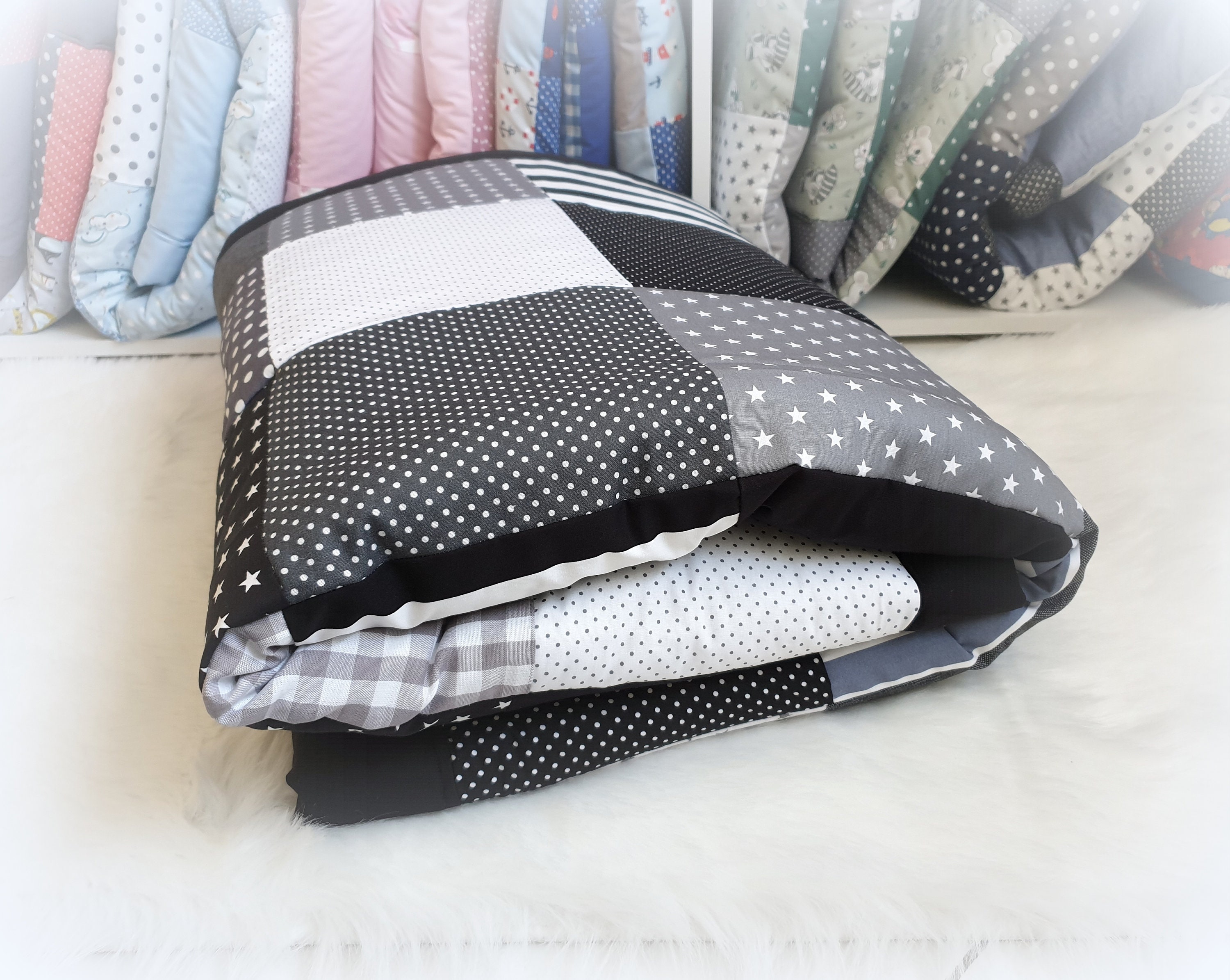 120x120cm Patchworkdecke Krabbeldecke schwarz grau Unikat | Etsy