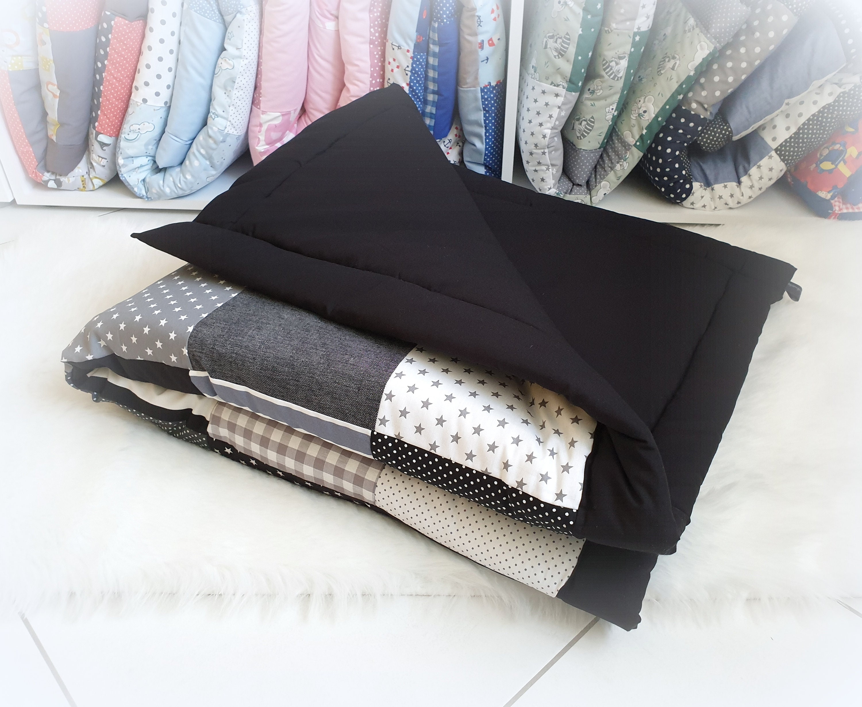 120x120cm Patchworkdecke Krabbeldecke schwarz grau Unikat | Etsy