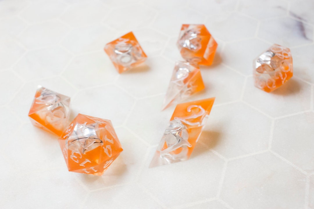 Silver and Orange Lucky Sky Dice 7 Piece Set Sharp Edge Polyhedral Dice ...