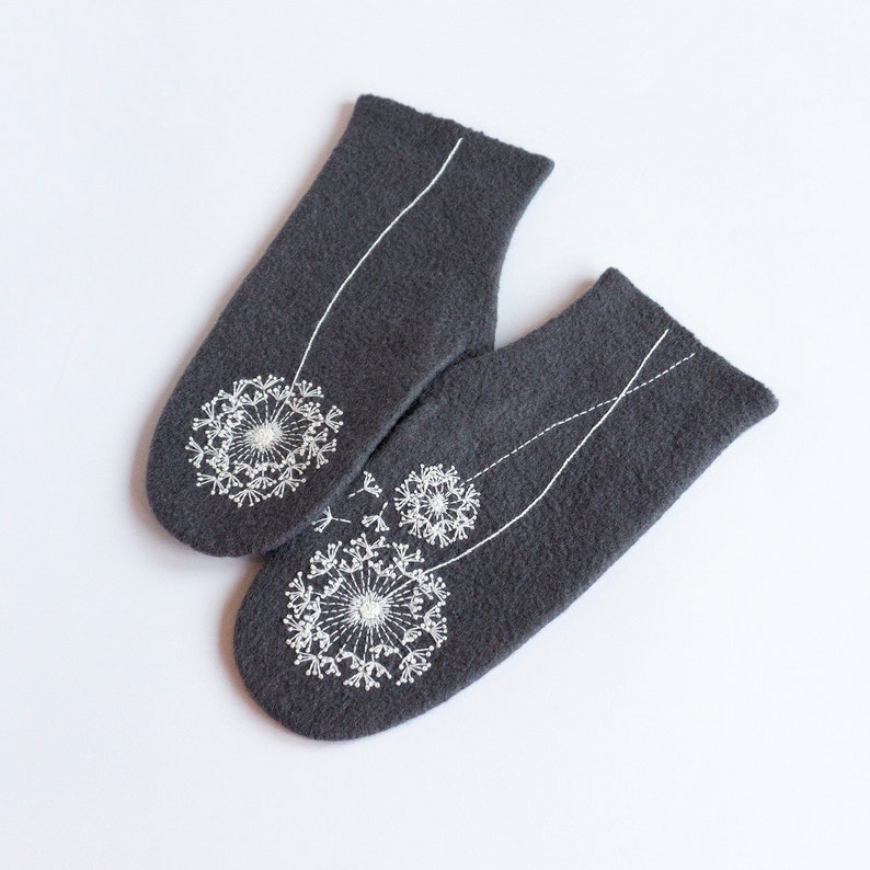 Embroidered Felted Wool Mittens With Dandelion for Women Dark - Etsy Sweden