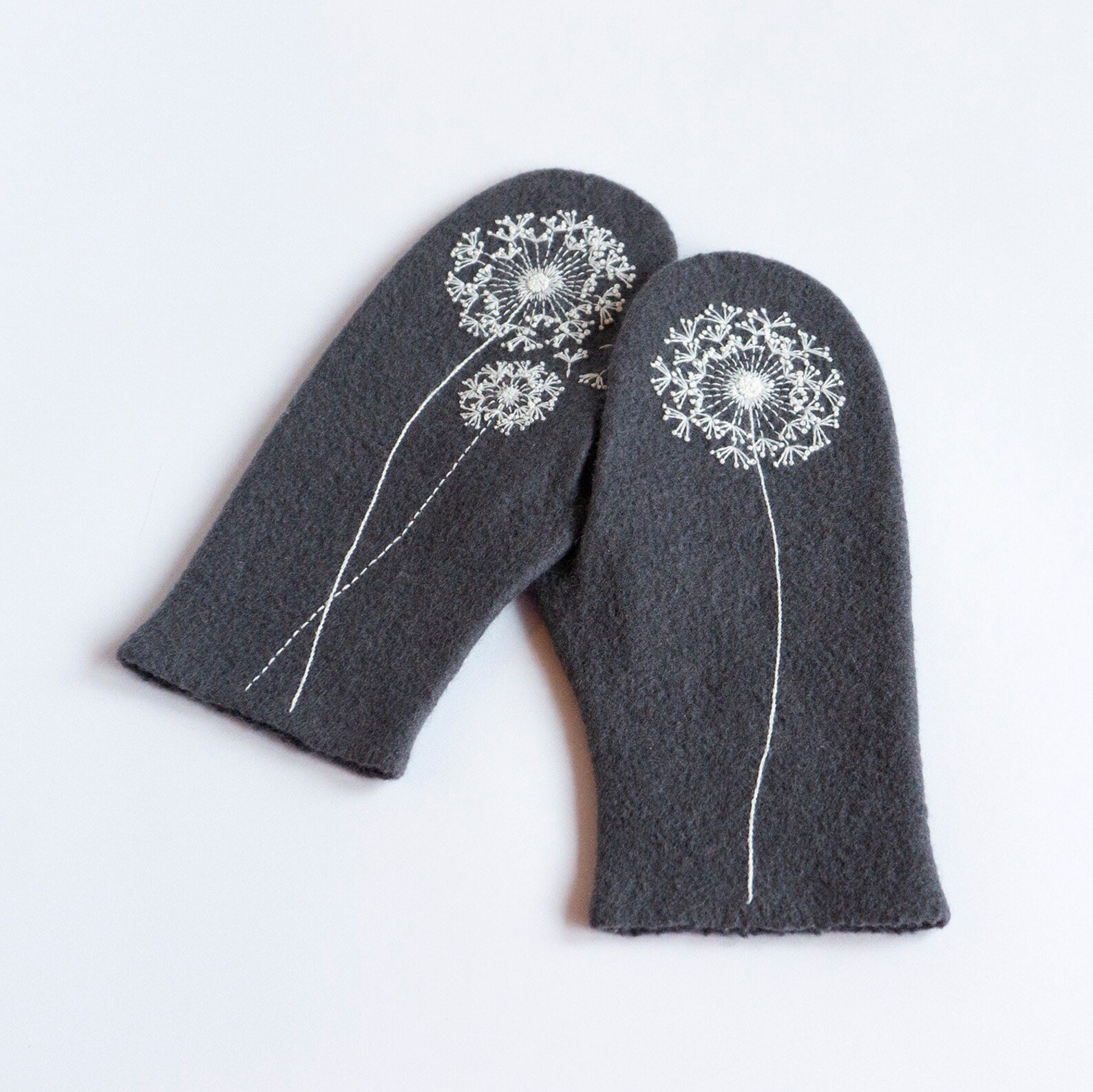 Embroidered Felted Wool Mittens With Dandelion for Women Dark - Etsy Sweden
