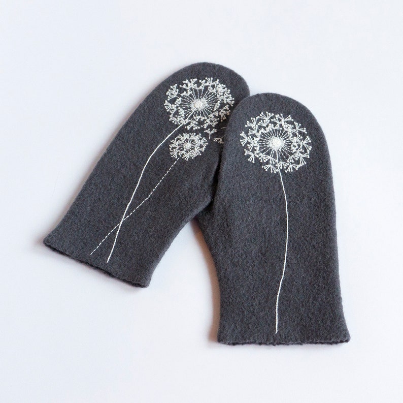 Embroidered Felted Wool Mittens With Dandelion for Women Dark - Etsy Sweden