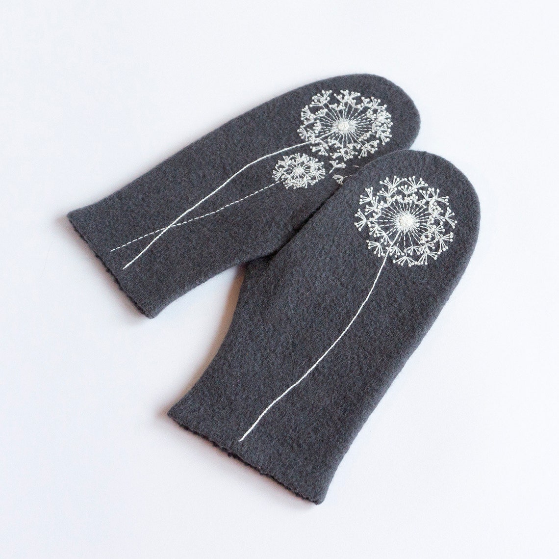 Embroidered Felted Wool Mittens With Dandelion for Women Dark - Etsy Sweden