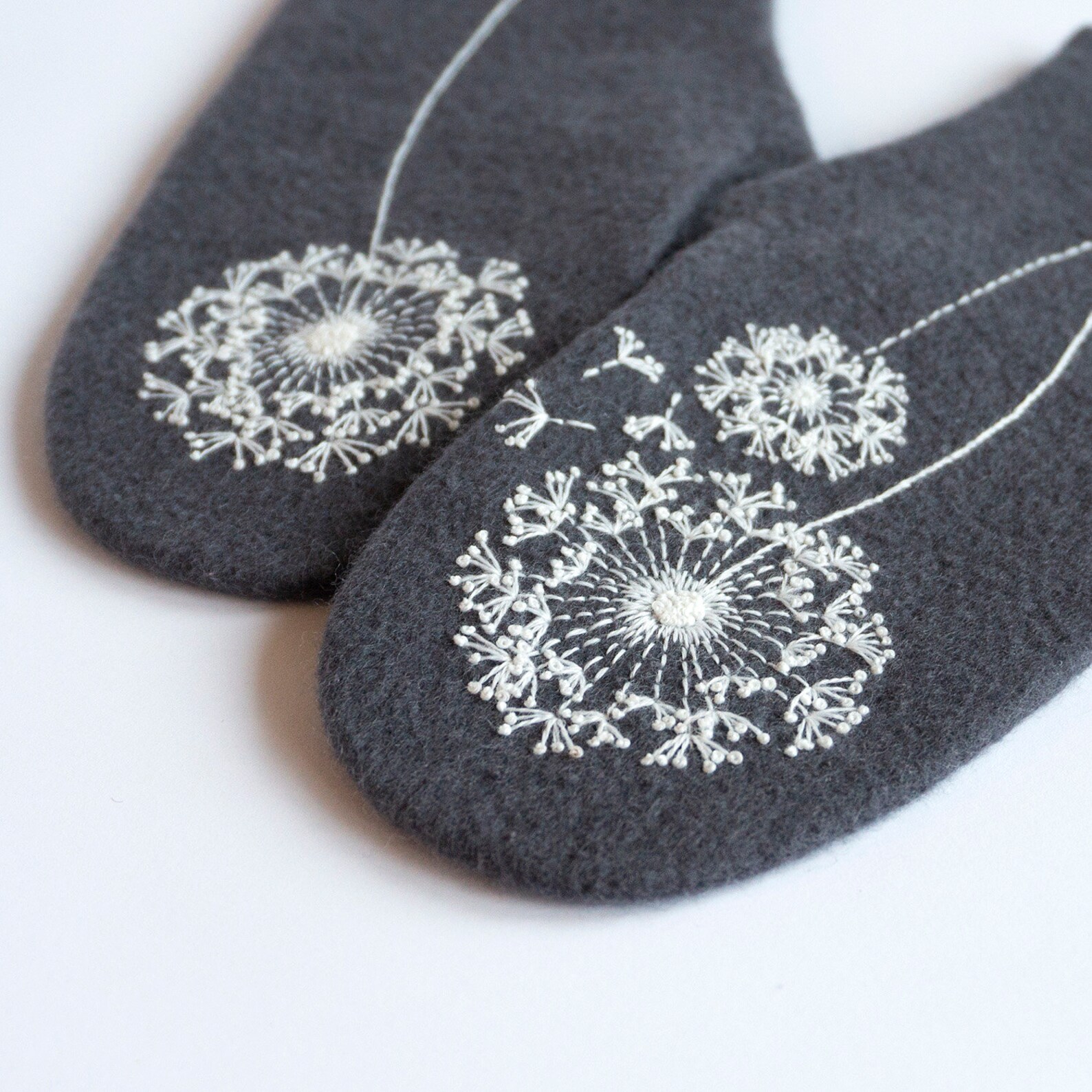 Embroidered Felted Wool Mittens With Dandelion for Women, Dark Gray ...