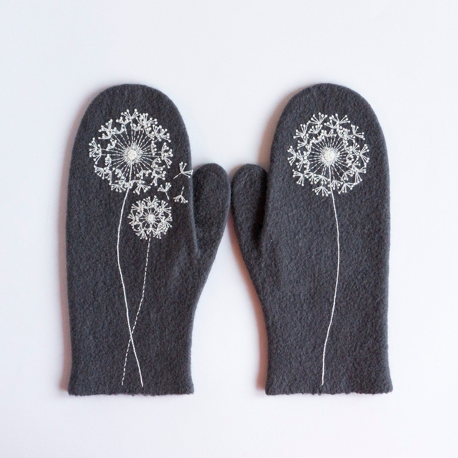 Embroidered Felted Wool Mittens With Dandelion for Women Dark - Etsy Sweden