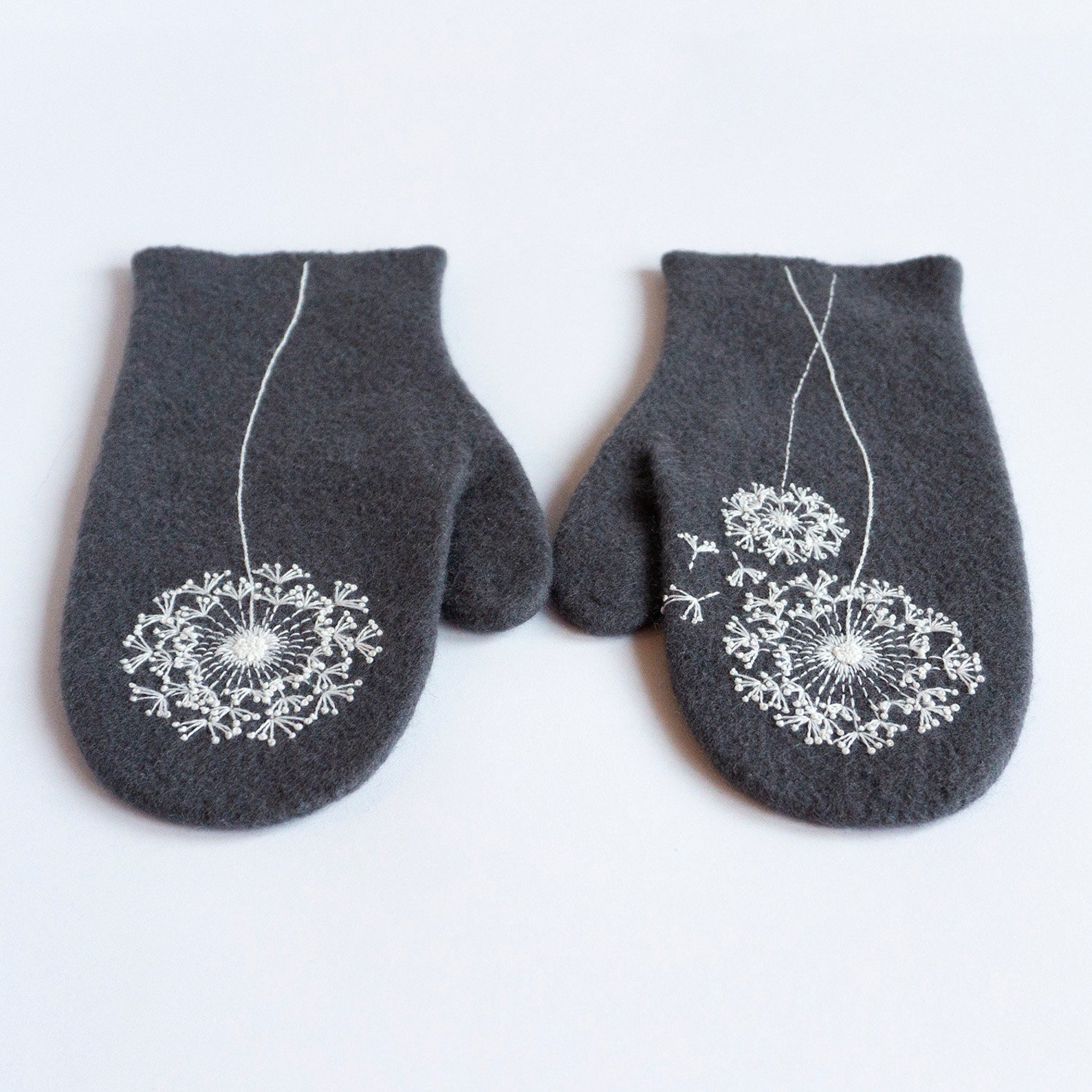 Embroidered Felted Wool Mittens With Dandelion for Women Dark - Etsy Sweden