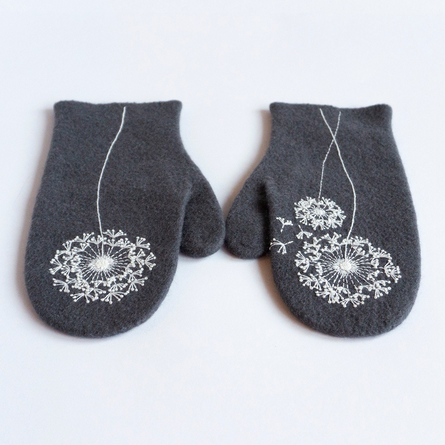 Embroidered Felted Wool Mittens With Dandelion for Women Dark - Etsy Sweden