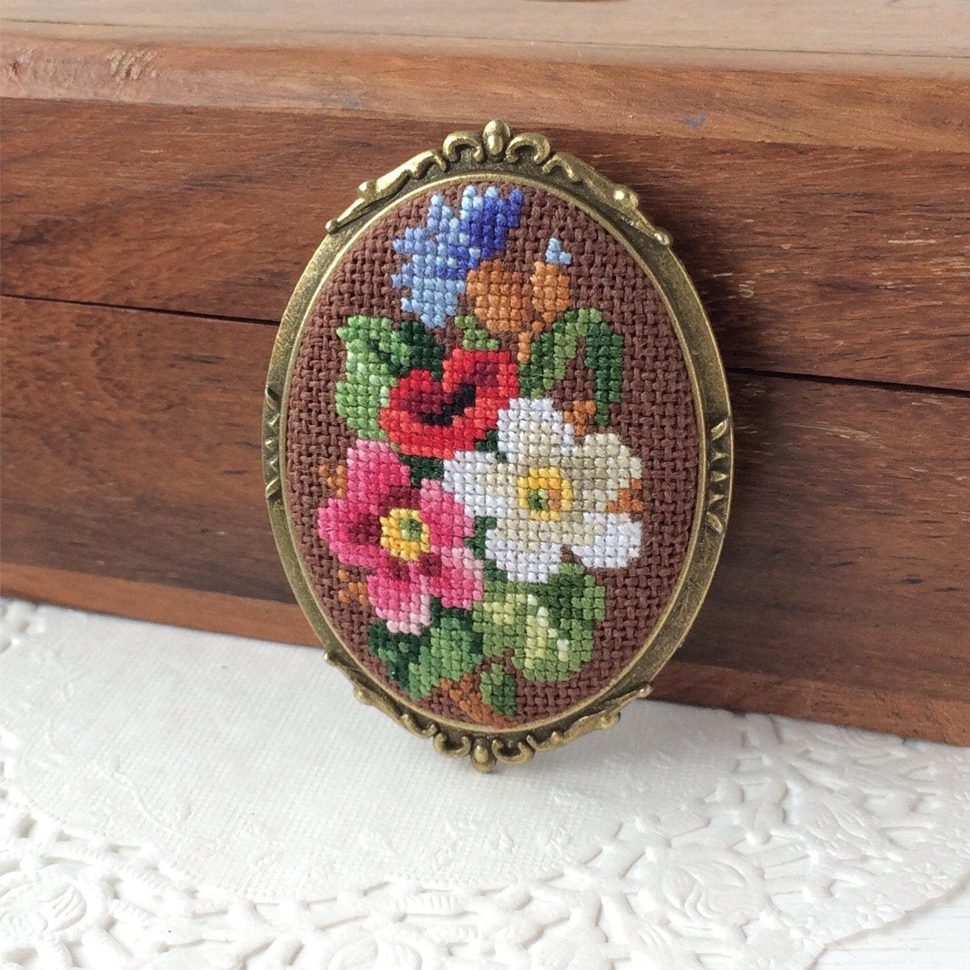 Hand embroidered fabric flower brooch Vintage style pin | Etsy