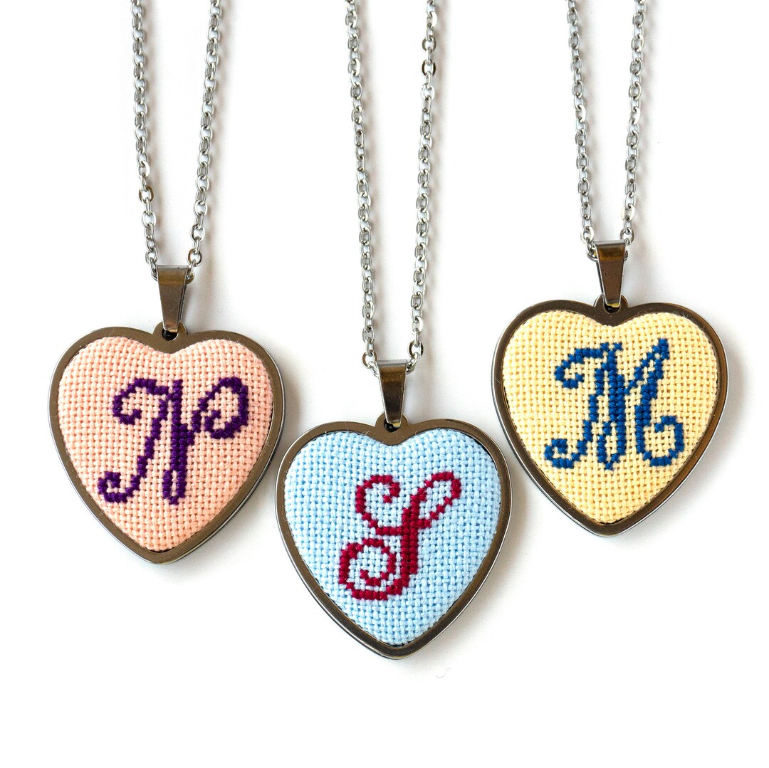 Embroidered Heart Initial Necklace for Women Custom Letter Pendant Gift ...