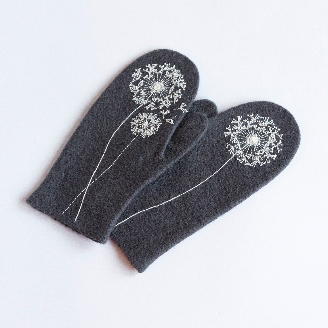 Embroidered Felted Wool Mittens With Dandelion for Women Dark - Etsy Sweden