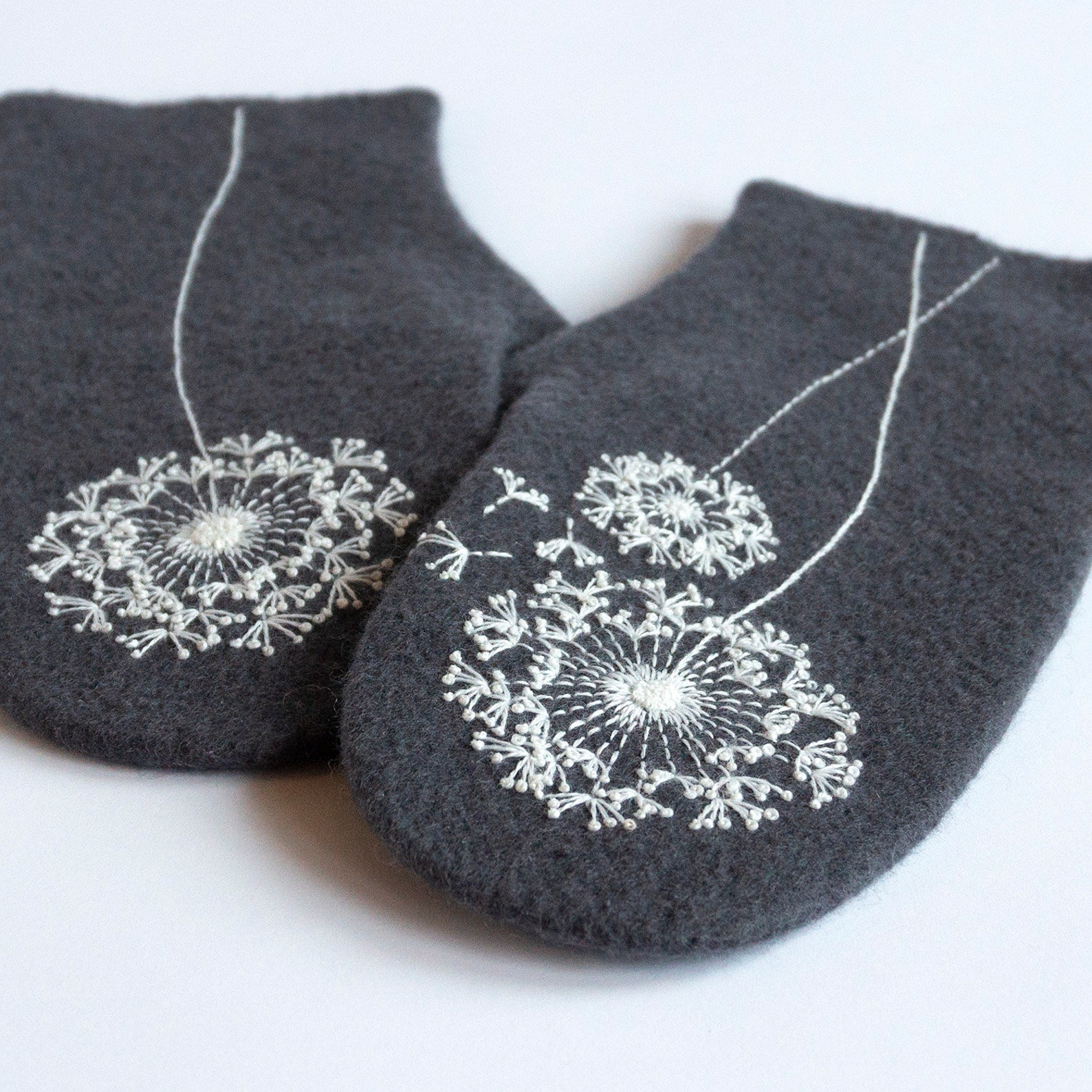 Embroidered Felted Wool Mittens With Dandelion for Women Dark - Etsy Sweden