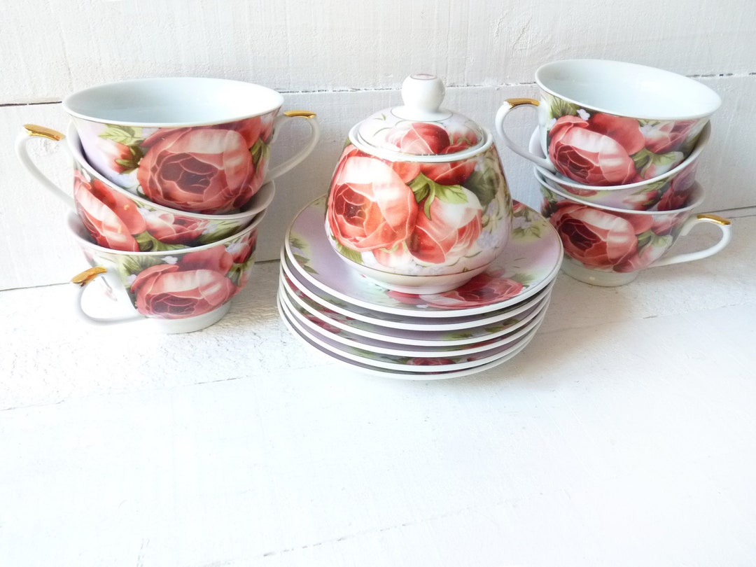 Vintage Rose Garden Tea Set, Coffee Service, Coffee Cups, Tea Cups ...