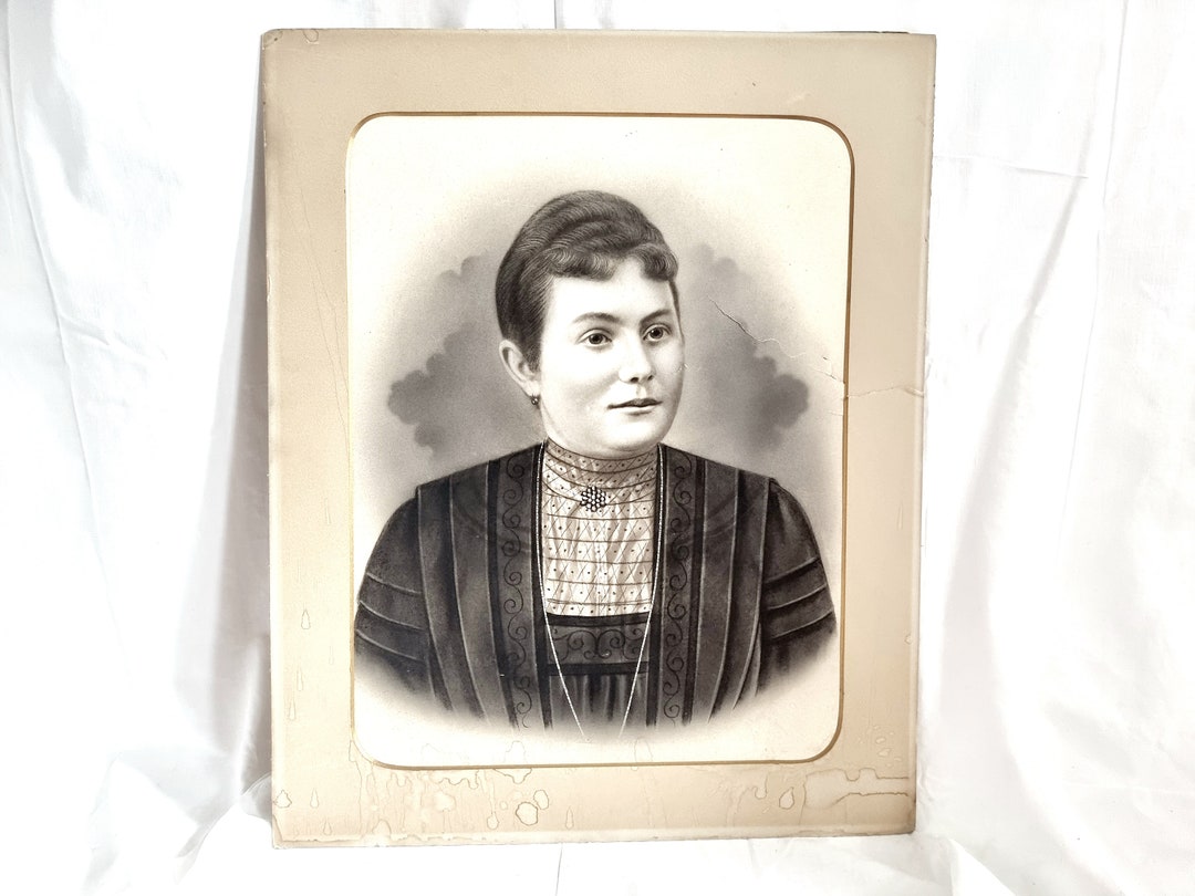 Vintage Art Nouveau Picture Thoughtful Young Woman Ink Drawing ...