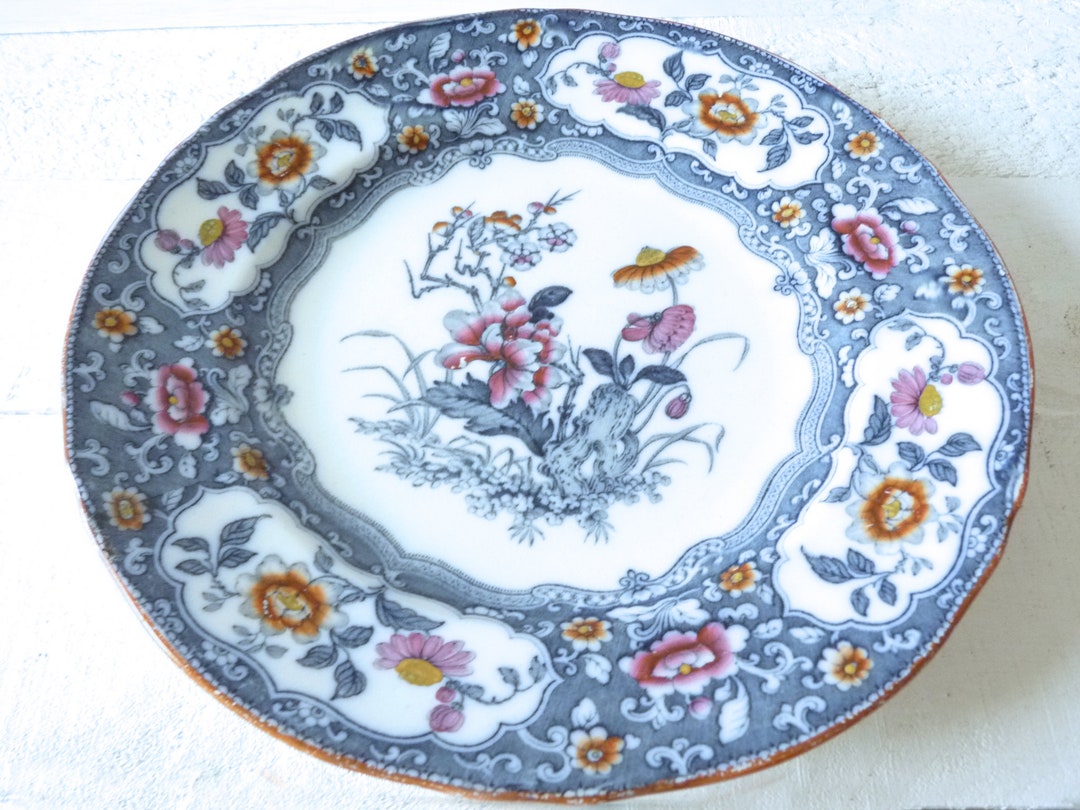 1800s Serving Plate Colored Transferware, Copper Print Blue Colorful ...