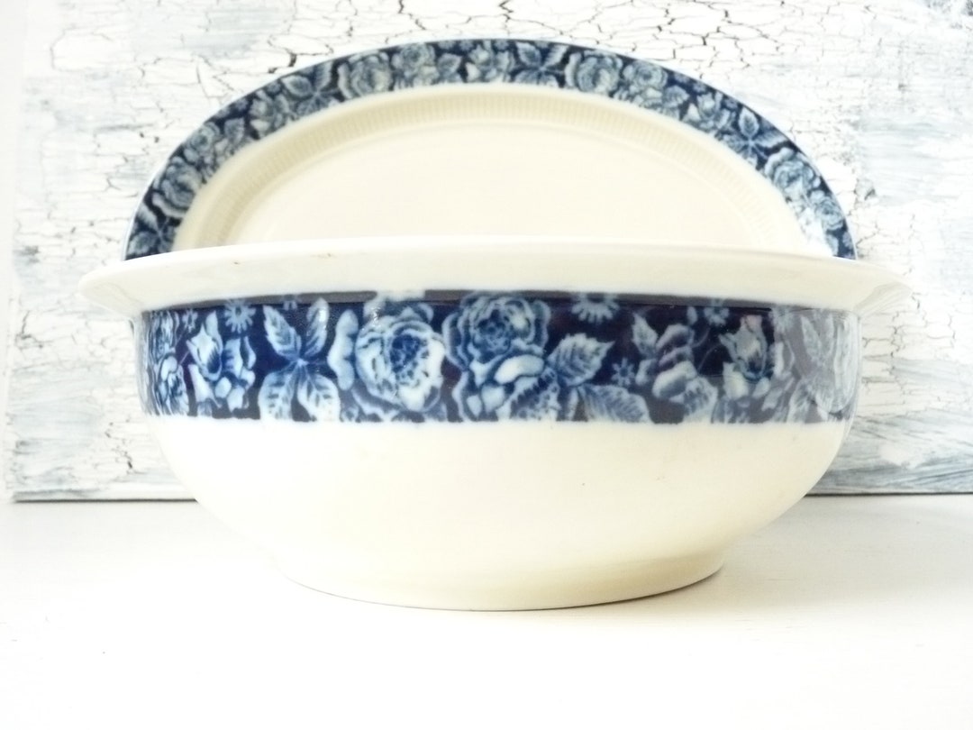 Large Dough Bowl Serving Platter, Vintage Flow Blue Transferware ...