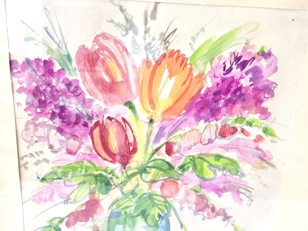 Colorful Original Vintage Watercolor, Still Life Bouquet Pink Orange ...