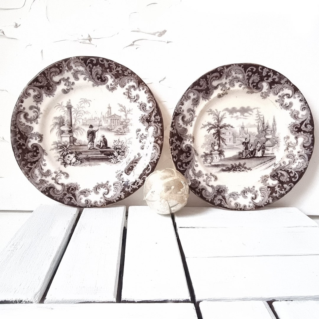 Antique Transferware Sepia Colors Ceramic, Romantic Chinoiserie Scene ...