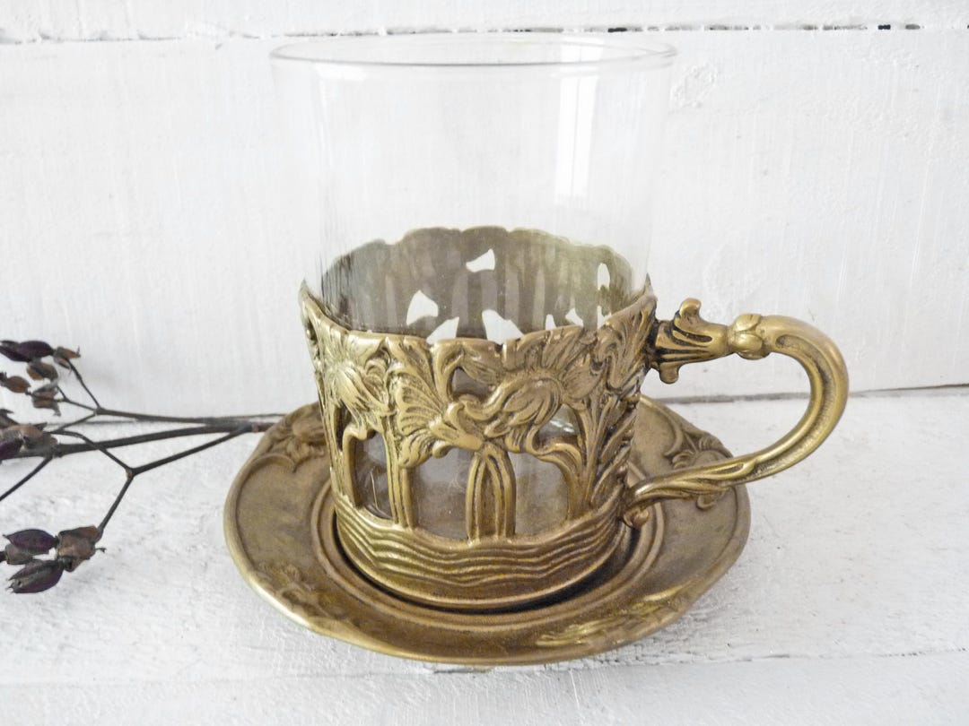 Art Nouveau Tea Glass Holder With Glass Art Nouveau Deco Brass Tea ...