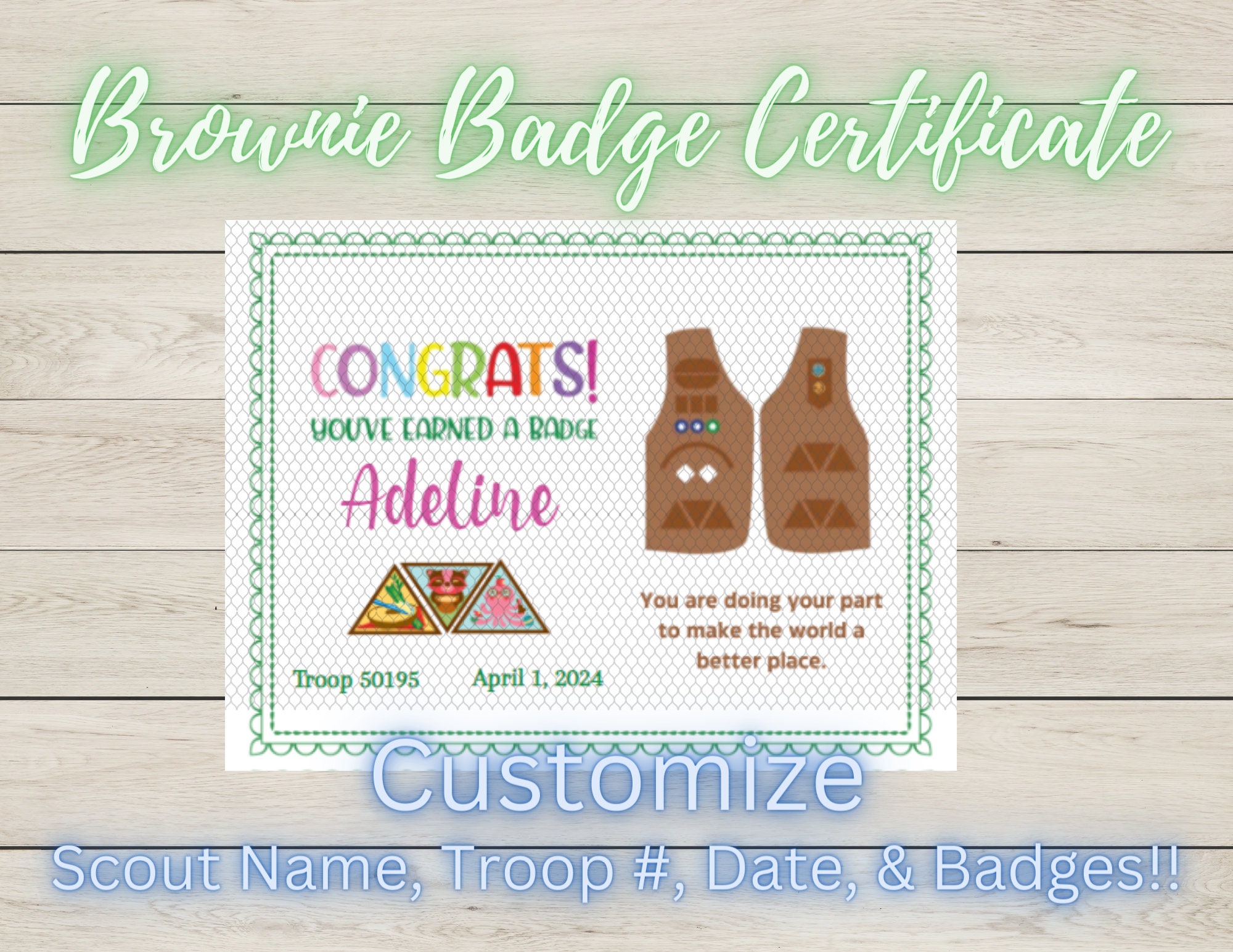 Brownie Girl Scout Badge Certificate - Customize With Scout Name, Troop ...