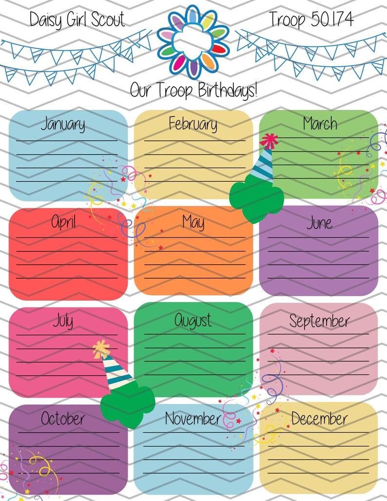 Girl Scout Daisy Troop Birthday Calendar, Tracker, Troop Number ...