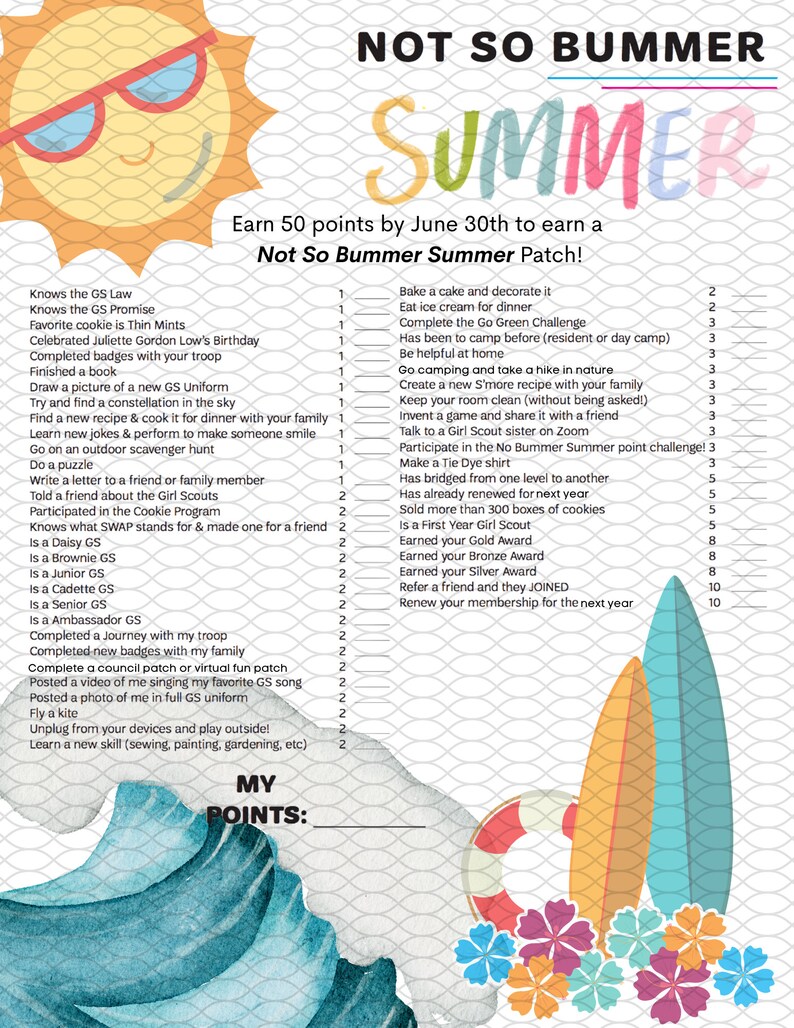 Girl Scout Not so Bummer Summer Activity Sheet - Etsy