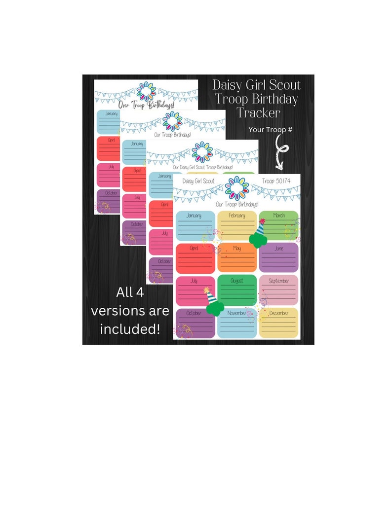 Girl Scout Daisy Troop Birthday Calendar, Tracker, Troop Number ...