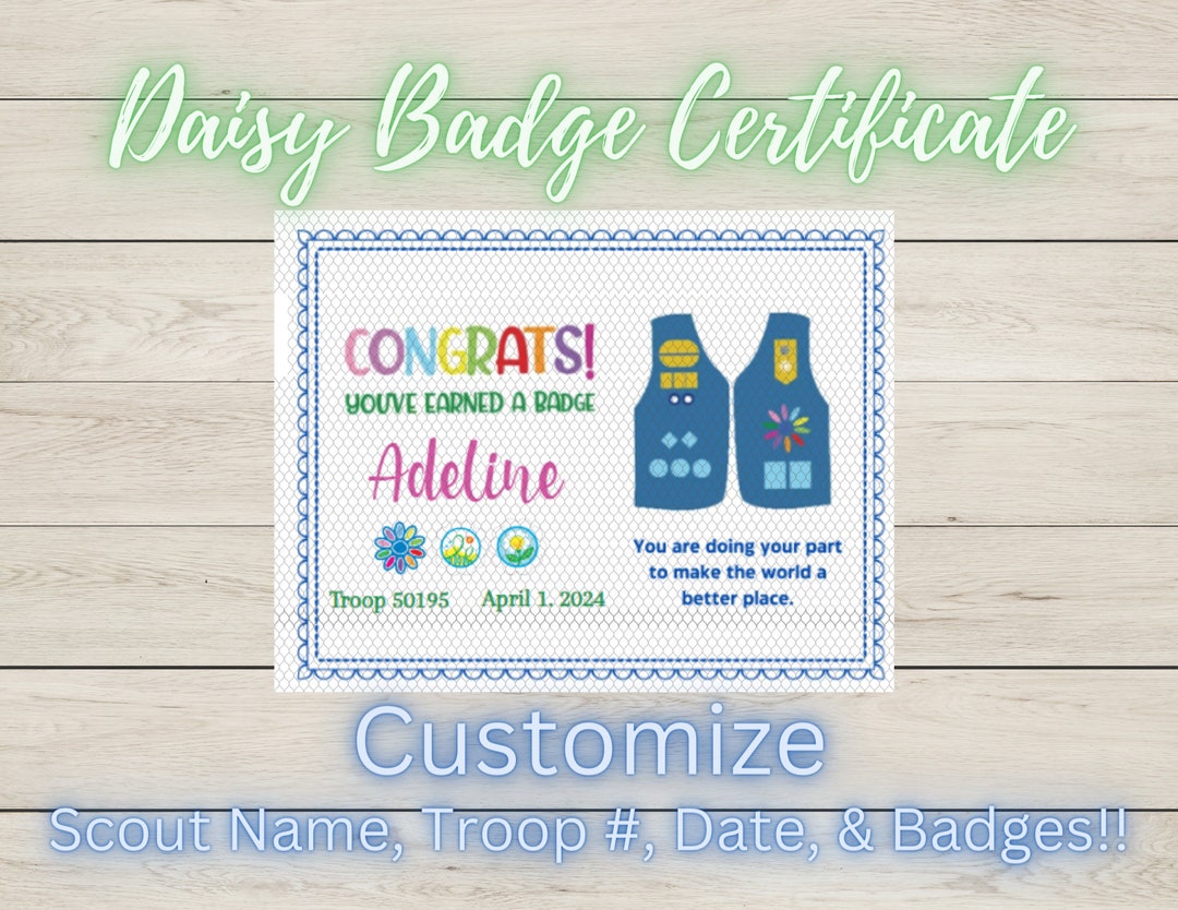 Daisy Girl Scout Badge Certificate - Customize With Scout Name, Troop ...