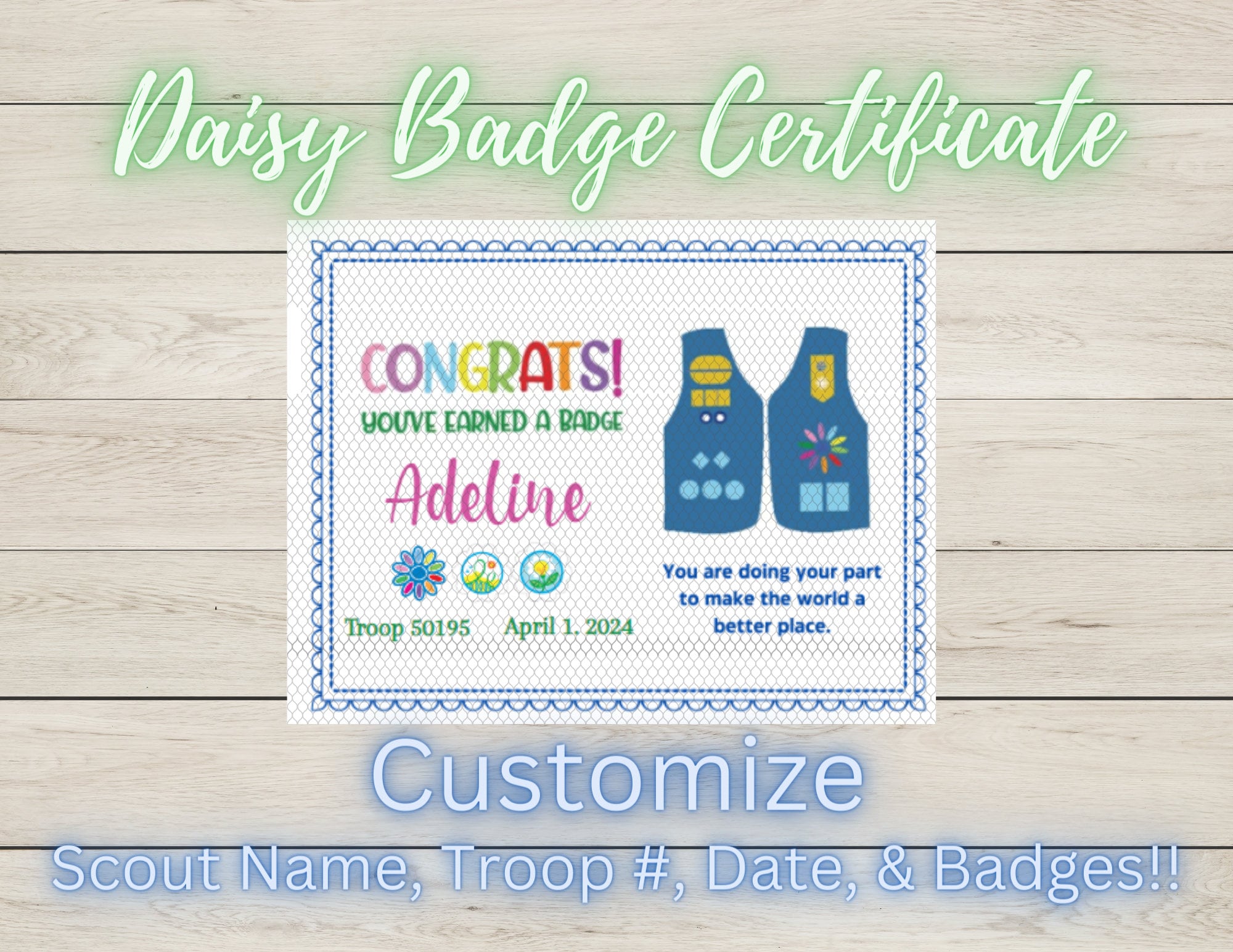 Daisy Girl Scout Badge Certificate - Customize With Scout Name, Troop ...
