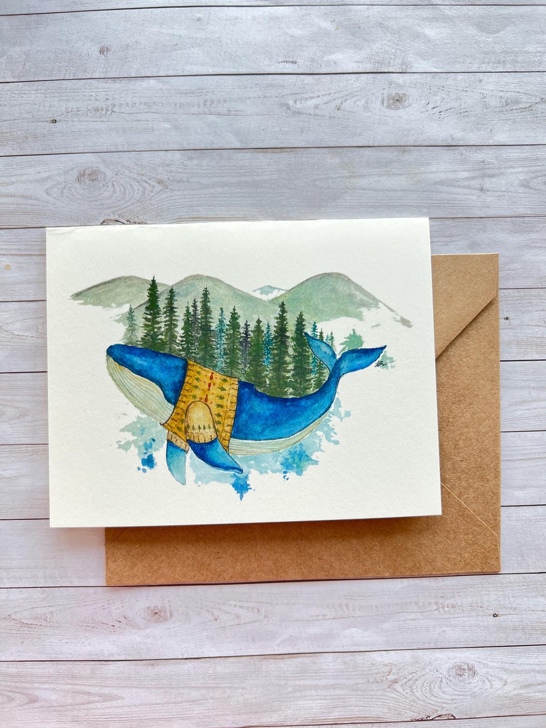 Blue Whale Wears Sweater. Trees, Ocean. Earthy, Island. Watercolor Card ...