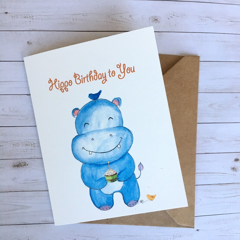 Hippo Card. Watercolor Designs. Hippo Birthday Cards. Hippo - Etsy