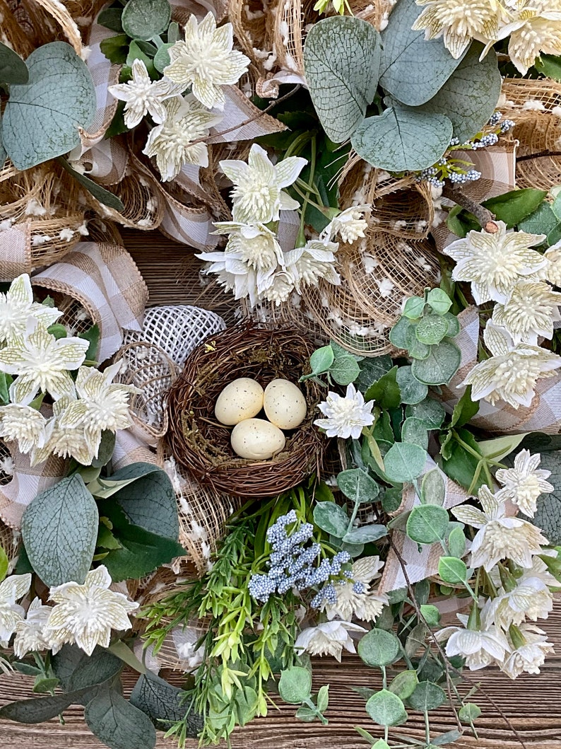 Decomesh Wreath With Spring Nest, Nature, Birds Nest, Egg Nest, Neutral Colors, Ribbon, Country ...