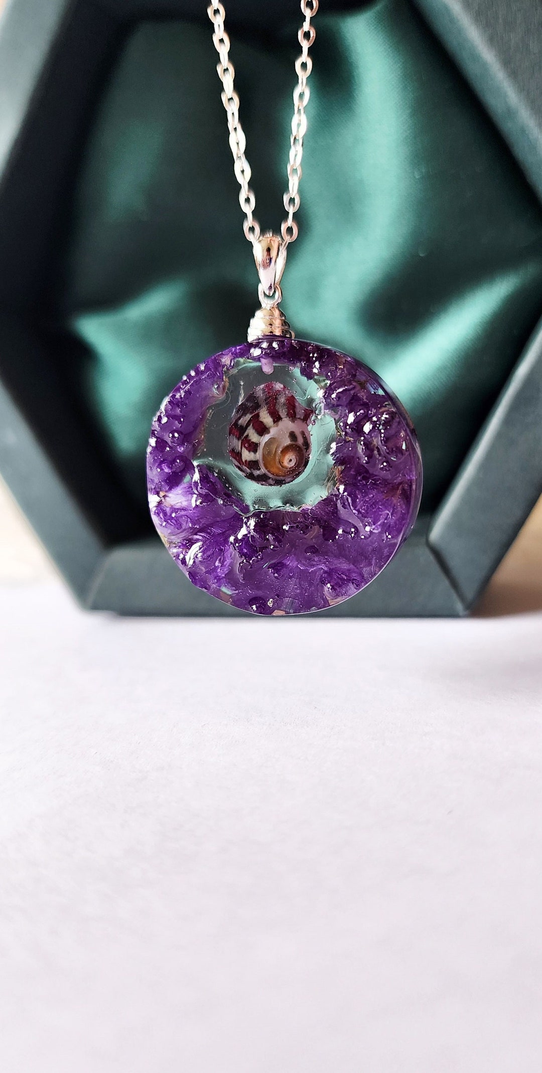 Handmade Limonium & Snail Shell Necklace: Sterling Silver, Bio Resin ...