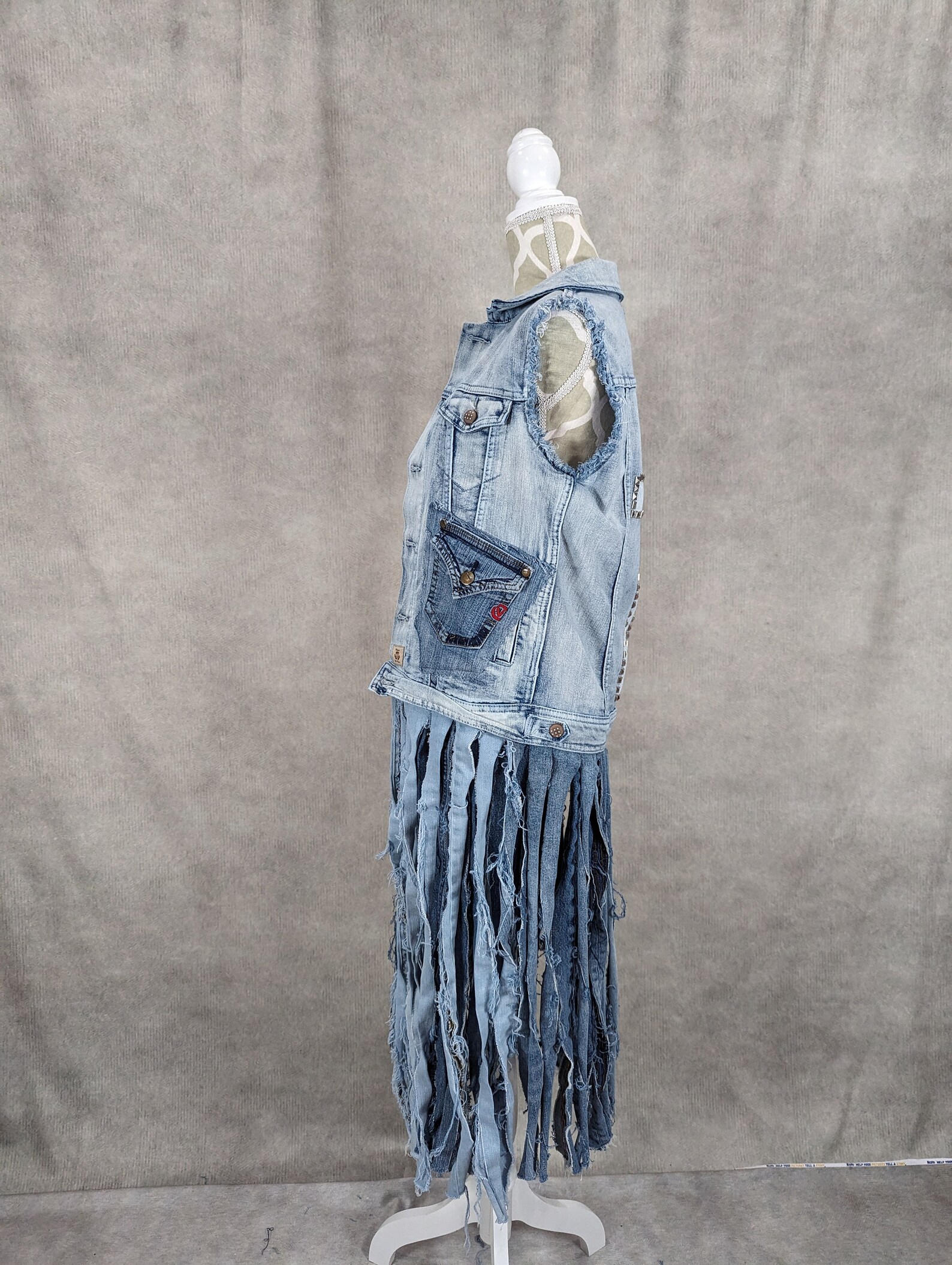 Upcycled Long Fringe Hem Denim Vest- S/M - Etsy