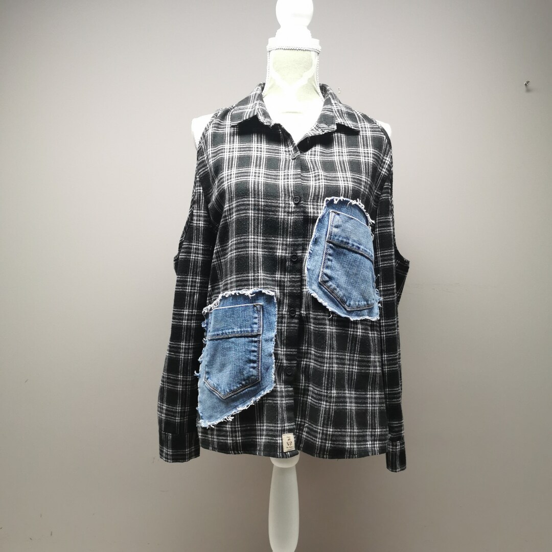 Upcycled Plaid Flannel Cold Shoulder Shirt Medium - Etsy