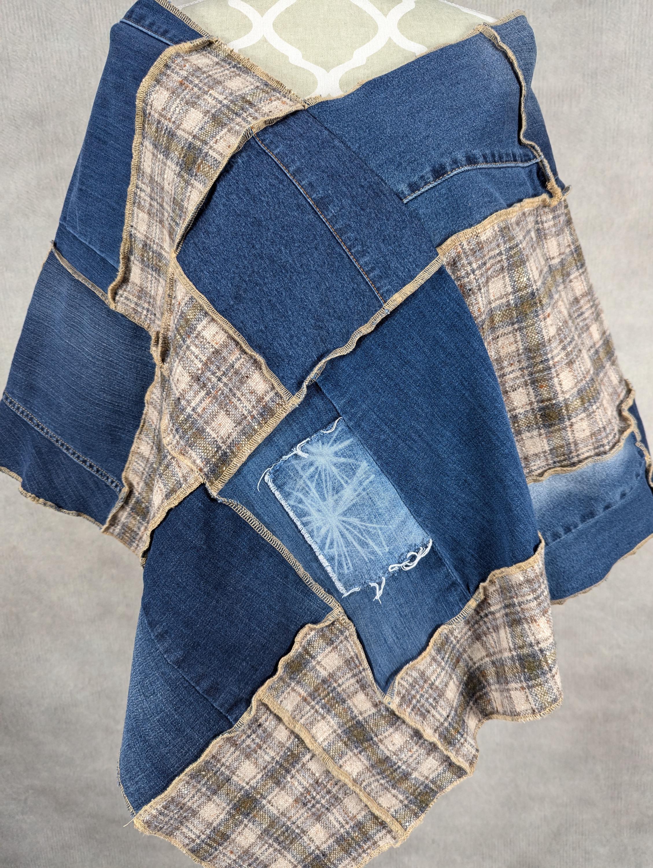 Upcycled Denim and Plaid Patchwork Poncho -O/S - Etsy