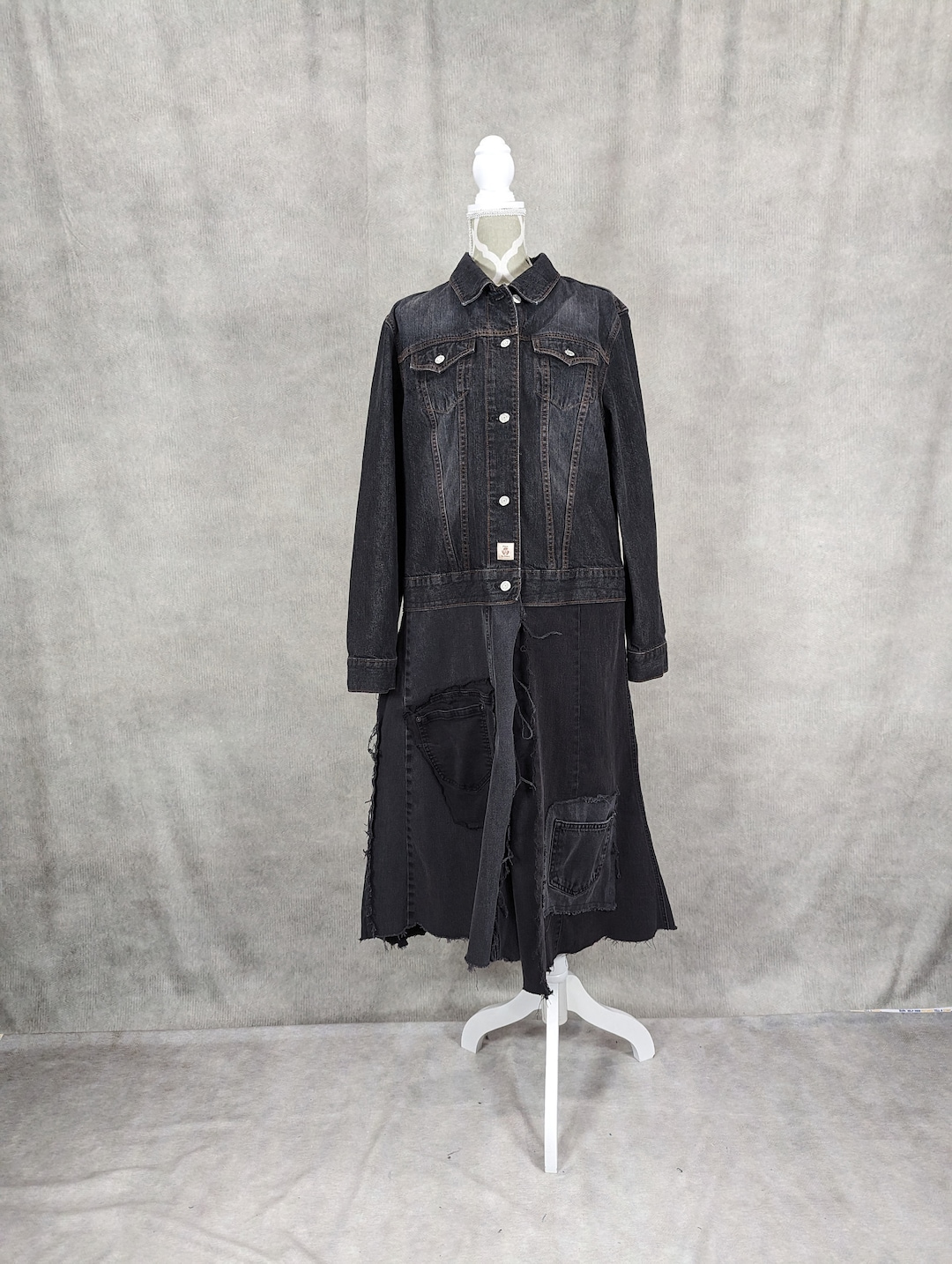 Upcycled Long Black Denim Jacket - XL - Etsy