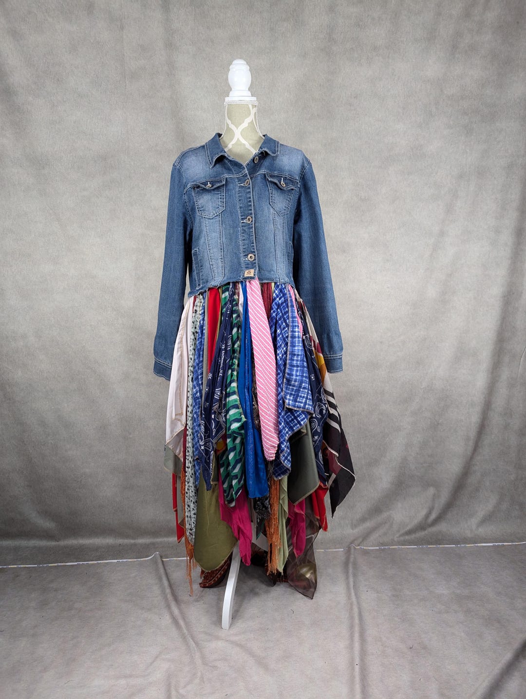 Upcycled Long Flowy Denim and Fabric Jacket-l/xl - Etsy