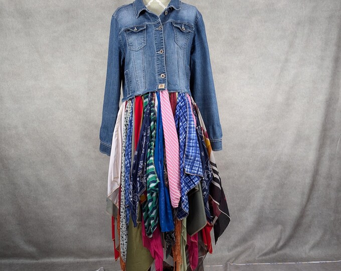 Upcycled Long Flowy Denim and Fabric Jacket-l/xl - Etsy