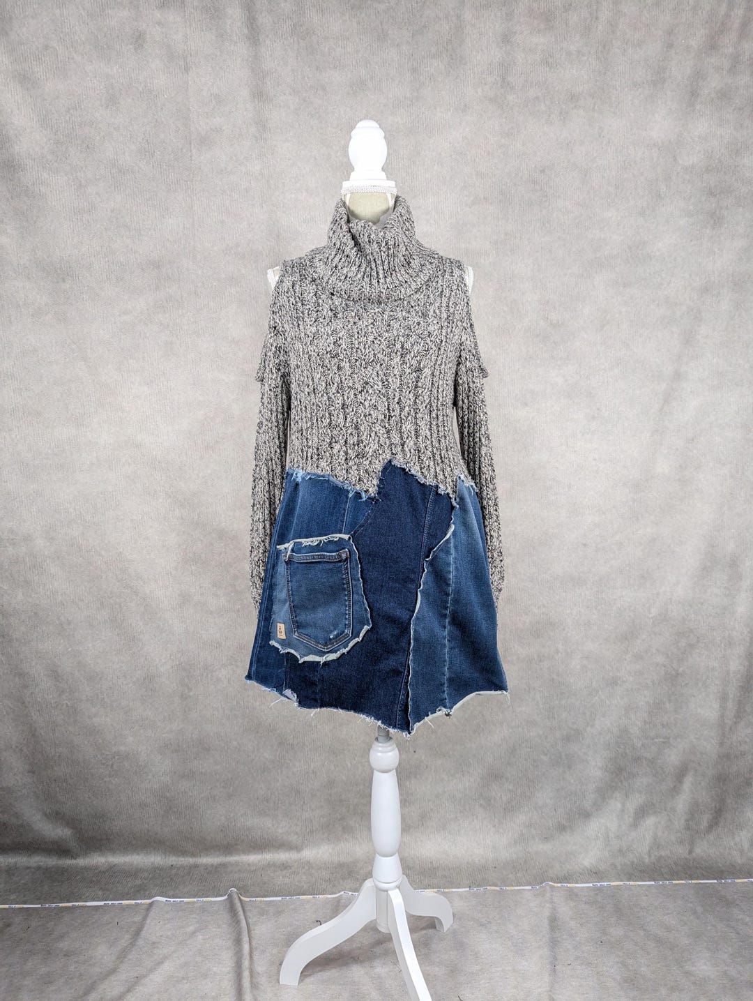 Upcycled Cold Shoulder Denim Patchwork Sweater - Large - Etsy