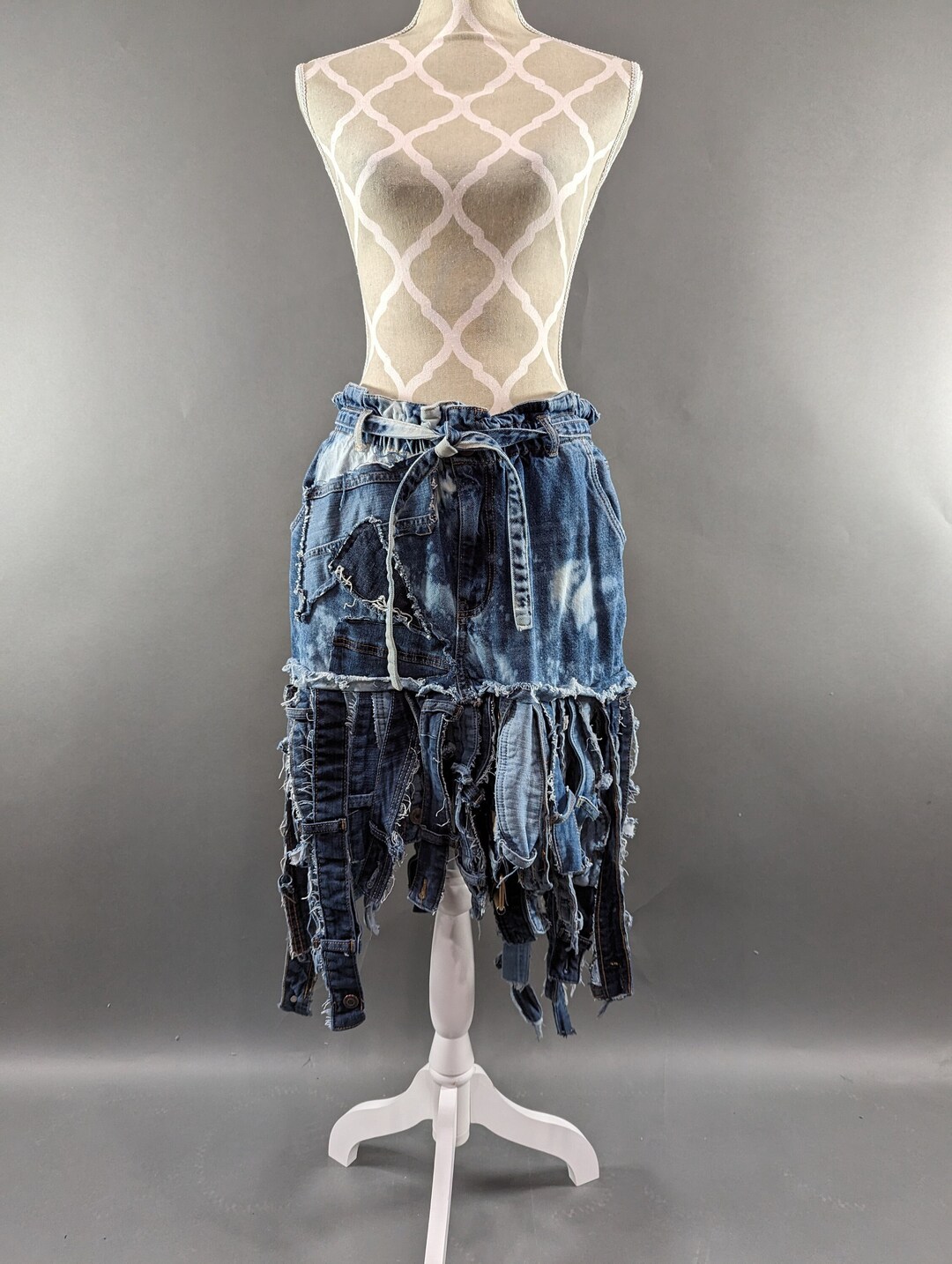 Upcycled Bleached Fringe Hem Denim Skirt-large - Etsy