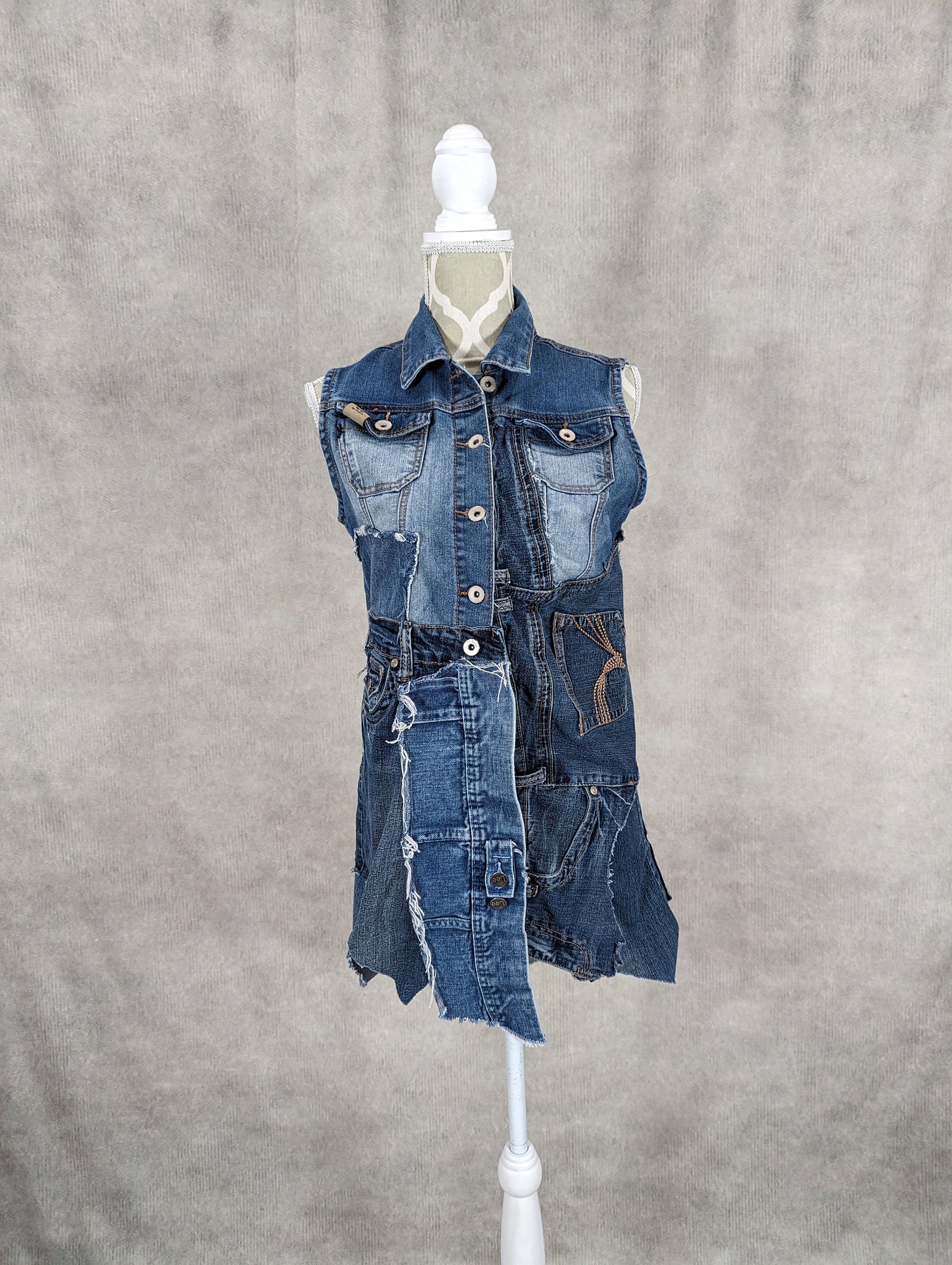Upcycled Longer Denim Patchwork Vest- Small - Etsy