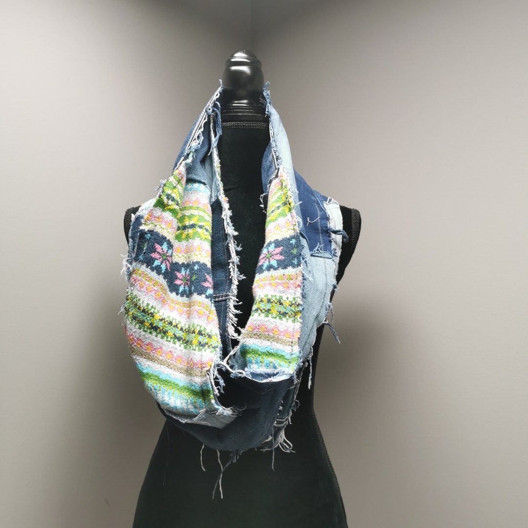 Upcycled Reversable Denim Patchwork Infinity Scarf - Etsy