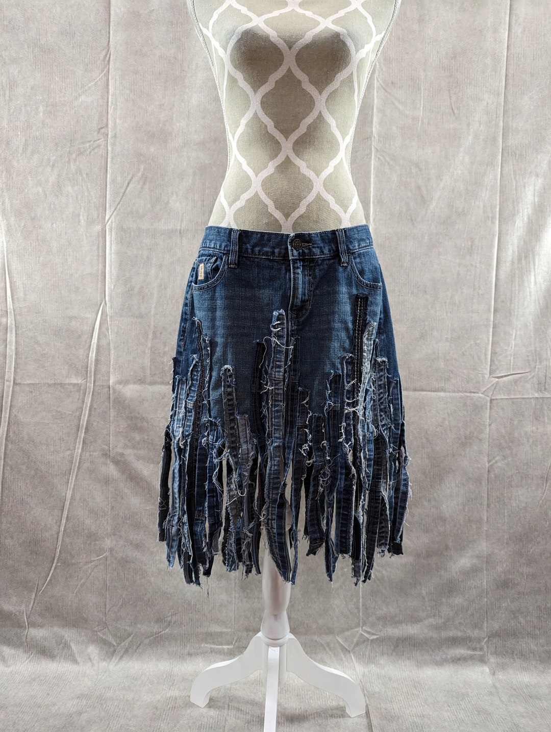 Upcycled Fringe Hem Denim Skirt- Size 10 - Etsy