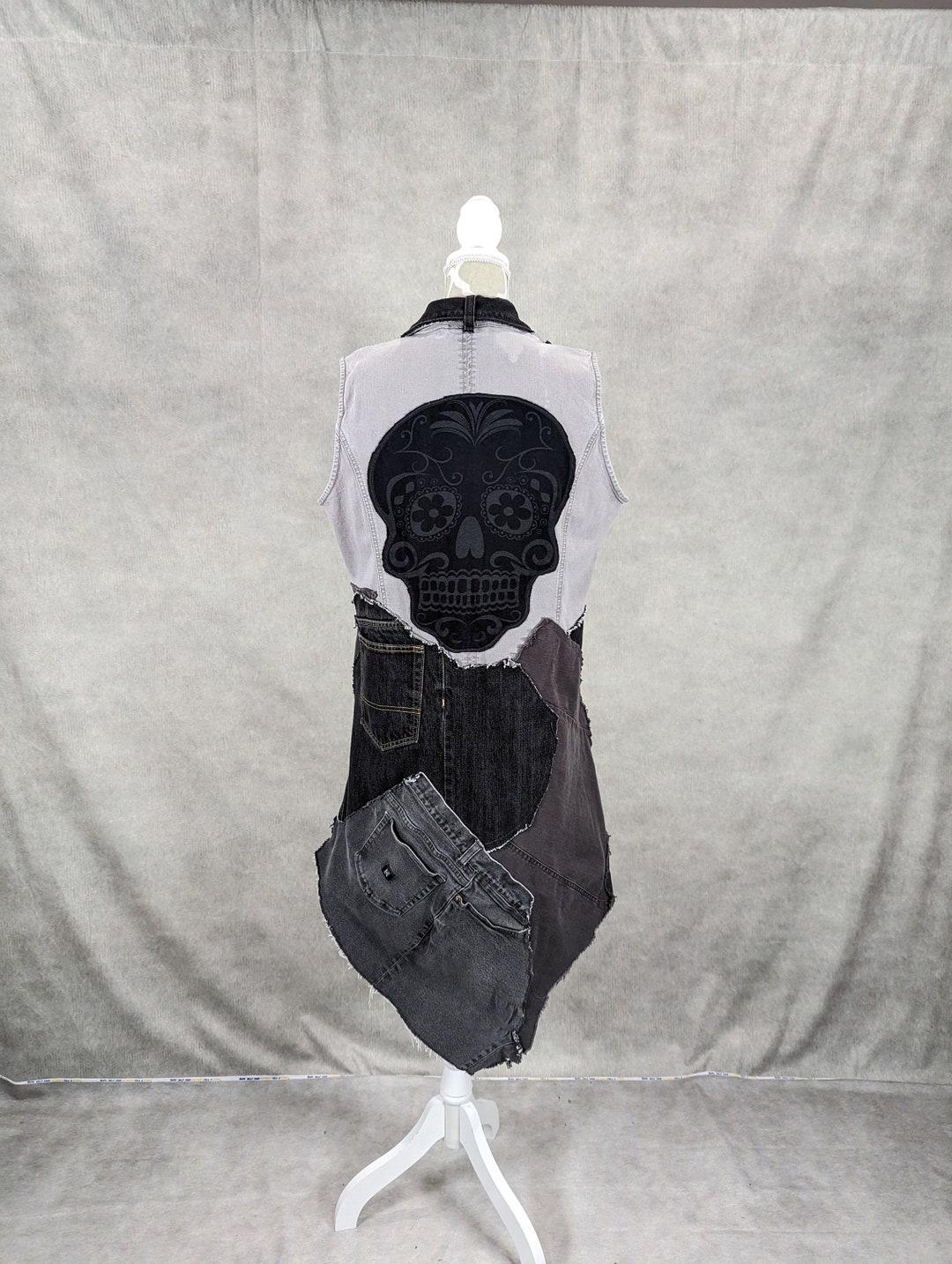 Upcycled Long Denim Patchwork Skull Vest - XL - Etsy