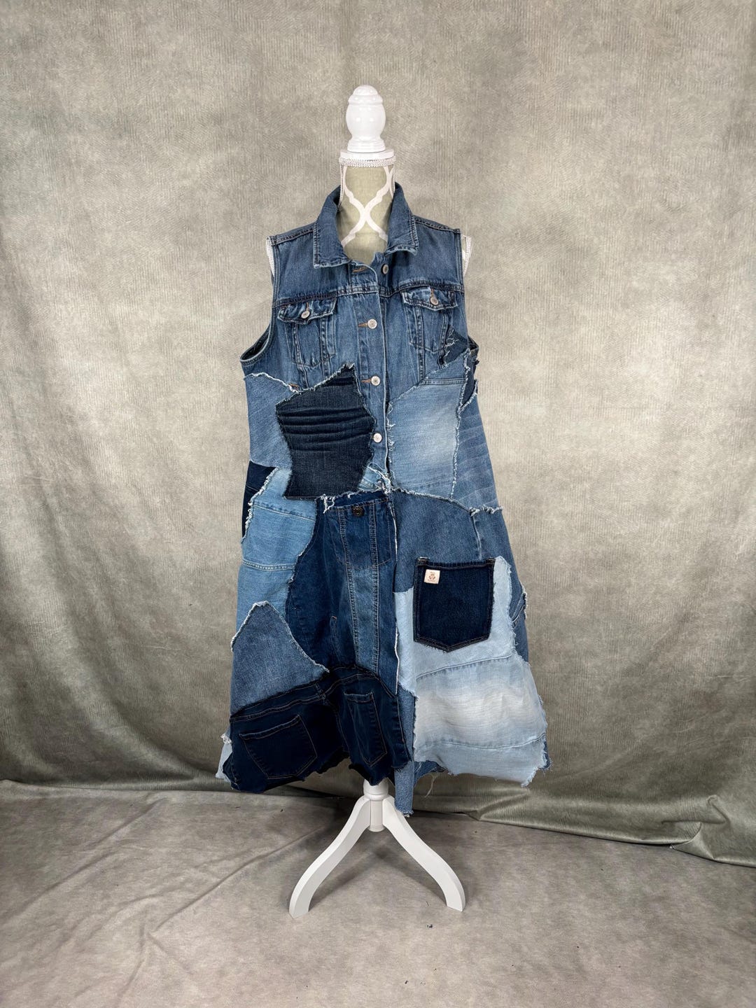 Upcycled Long Denim Patchwork Vest-xl - Etsy