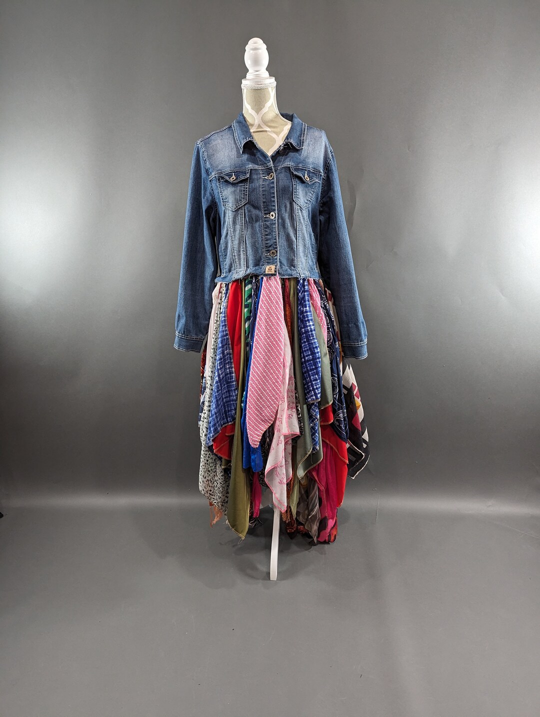 Upcycled Long Flowy Denim and Fabric Jacket-l/xl - Etsy