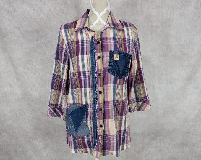 Upcycled Flannel Patchwork Duster , Sz L Women’s Multi Color Flannel ...