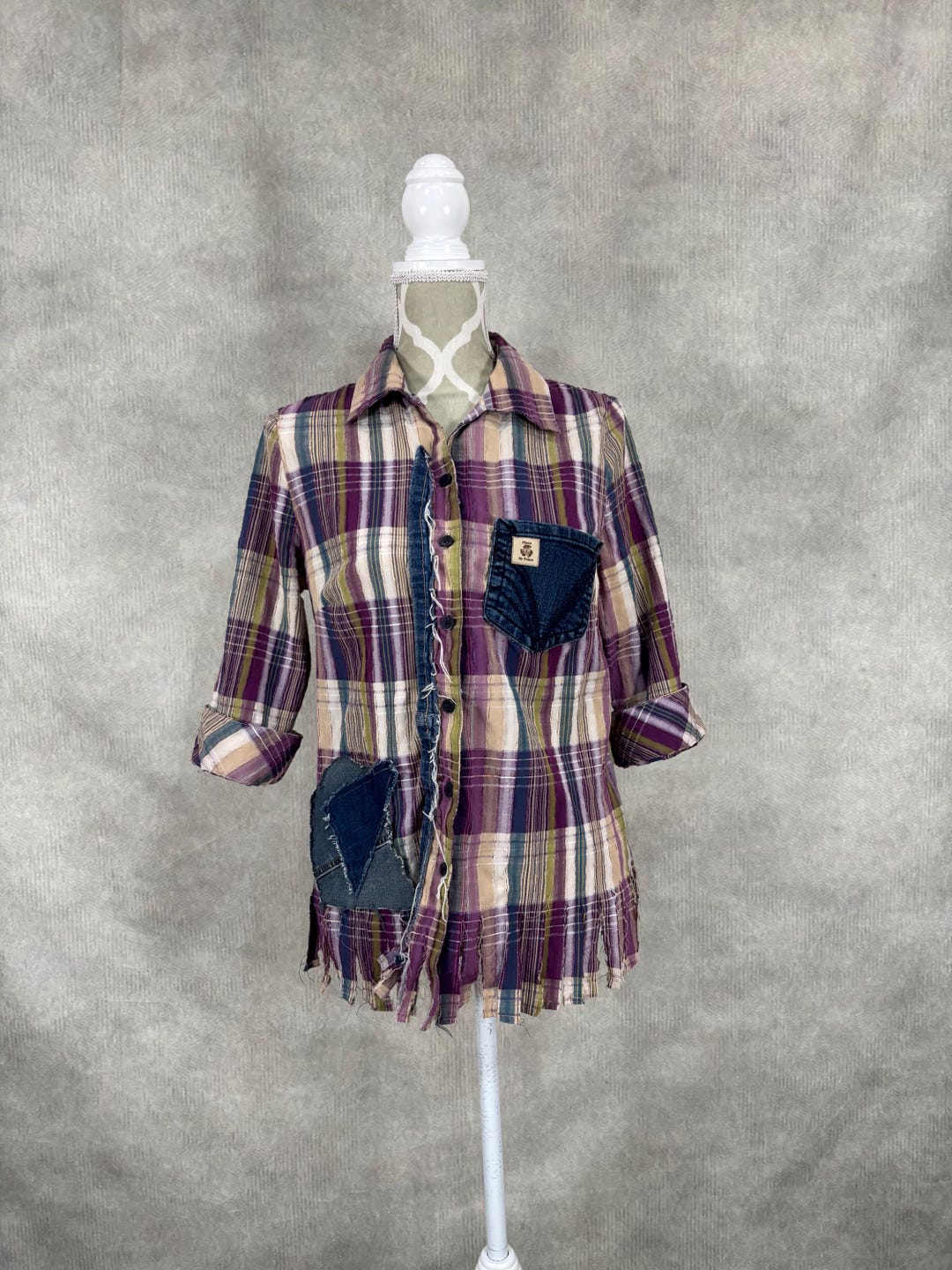 Upcycled Plaid Blouse With Denim - Medium - Etsy